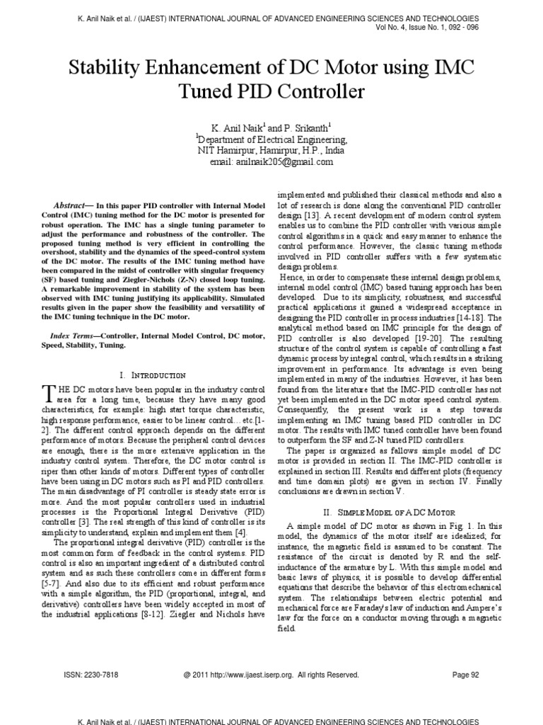 10 IJAEST Vol No.4 Issue No.1 Stability Enhancement of DC Motor Using IMC Tuned PID Controller ...