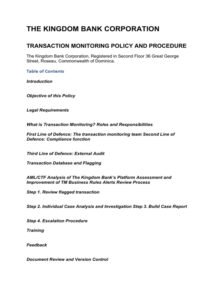Transaction Monitoring Policy Guide | PDF | Money Laundering | Banks