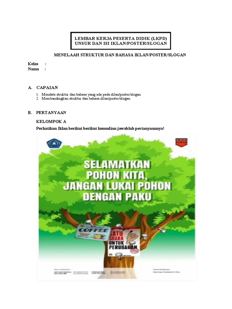 LKPD Pertemuan Ke-4 Menelaah Struktur Dan Bahasa Iklan-Poster-Slogan | PDF LKPD Pertemuan Ke-4 Menelaah Struktur Dan Bahasa Iklan-Poster-Slogan | PDF