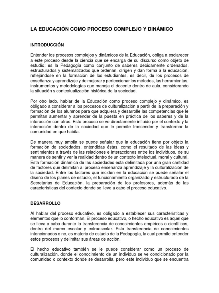 La Educación Como Proceso Complejo y Dinámico | PDF | Aprendizaje | Cognición