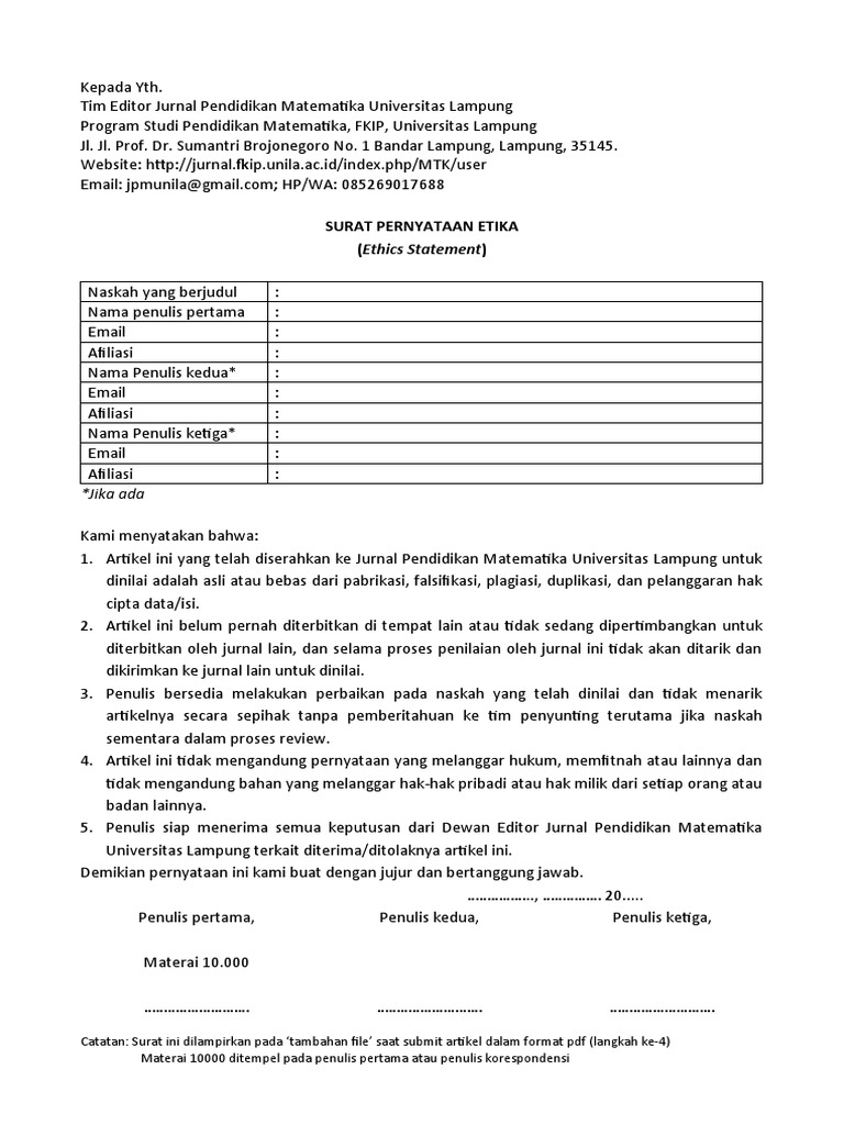Surat Pernyataan Klirens Etik JPM Unila | PDF