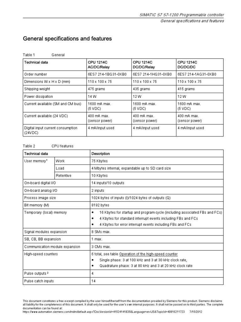 SIMATIC S7 S7-1200 Programmable Controller General Specifications and ...
