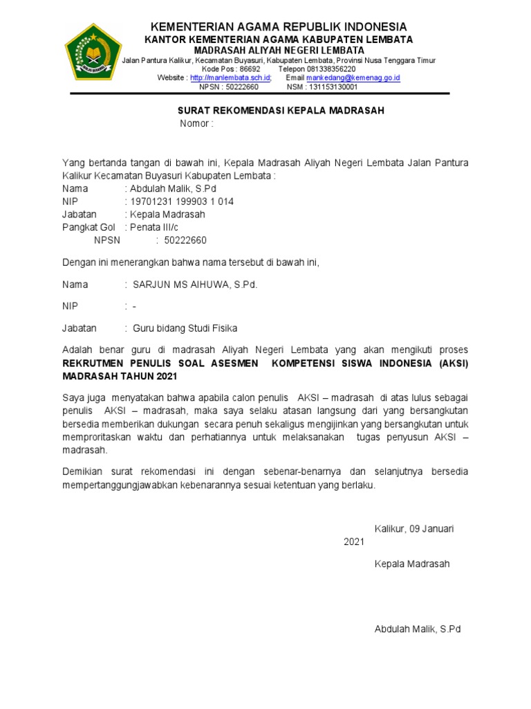 Surat Rekomendasi Kepala Madrasah | PDF