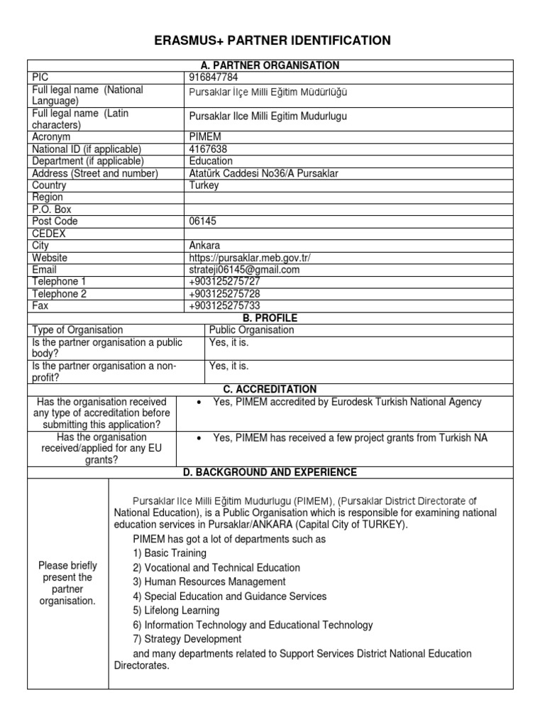 Erasmus+ Partner Identification | PDF