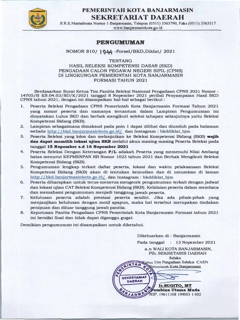 Pengumuman Nilai SKD 2021 - Ok | PDF