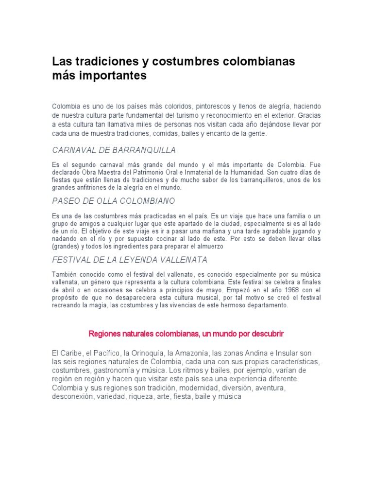 Las Tradiciones y Costumbres Colombianas Más Importantes | PDF