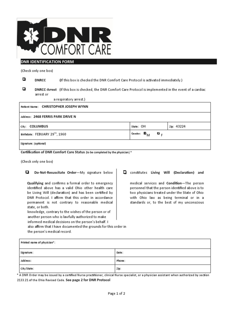 DNR Identification Form: Patient Name | PDF | Cardiopulmonary ...
