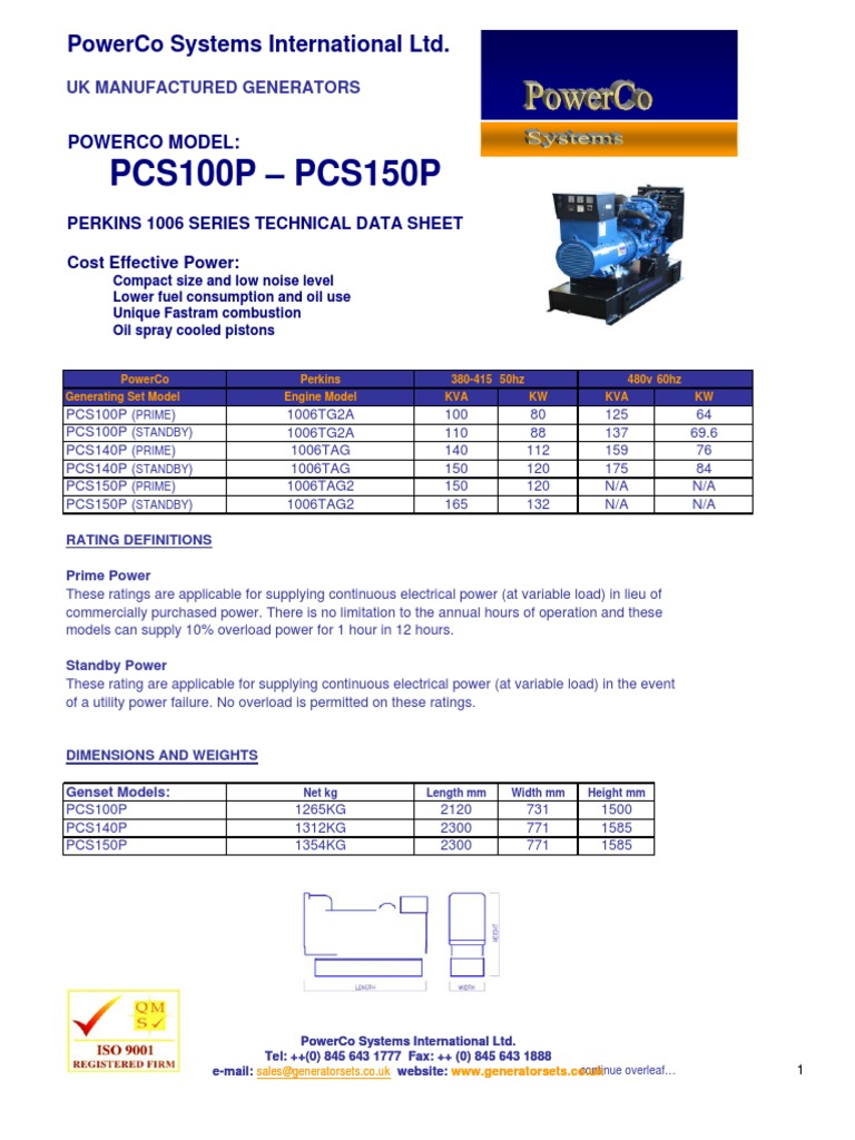 Perkins Data Sheet PCS100-150P | PDF | Vehicle Technology | Machines