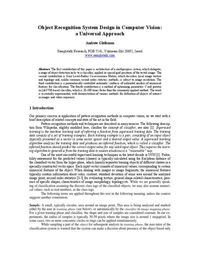 Object Recognition System Design in Computer Vision: A Universal Approach | PDF | Statistical ...