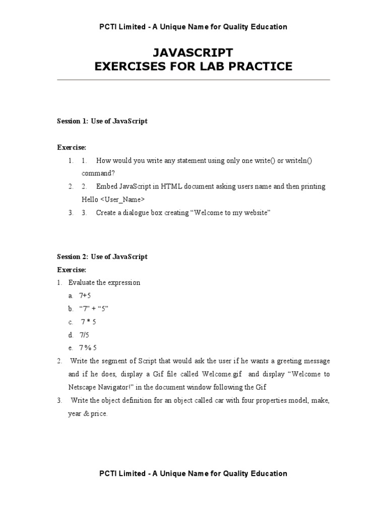 Javascript Exercises For Lab Practice | PDF | Java Script | Software ... Javascript Exercises For Lab Practice | PDF | Java Script | Software ...
