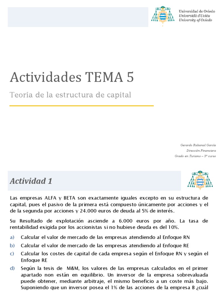 Tema 5 Práctica | PDF | Rentabilidad sobre recursos propios | Deuda