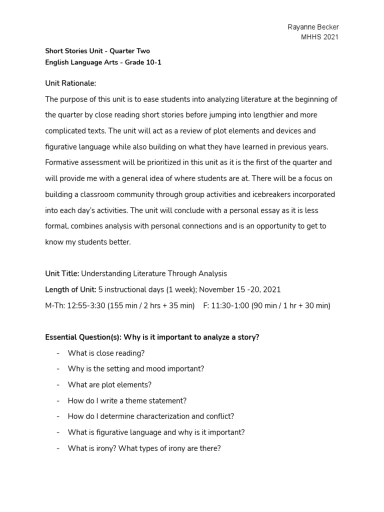 Short Stories Unit Plan qtr2 | PDF | Essays | Human Communication