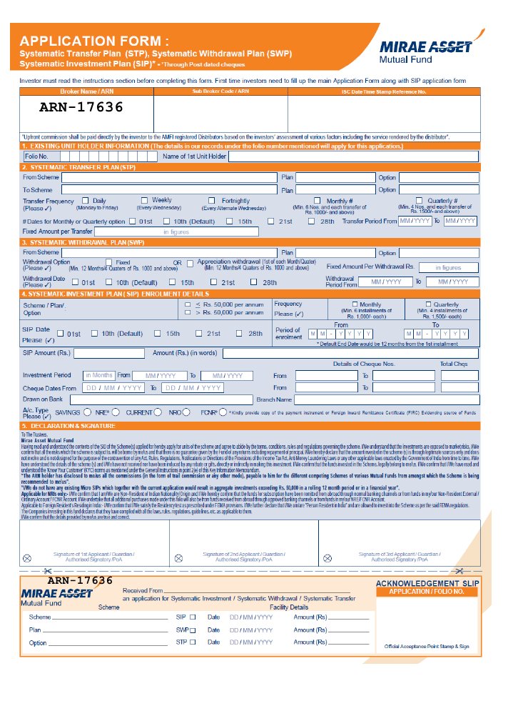 Mirae Asset Mutual Fund STP SWP Sip Form | PDF