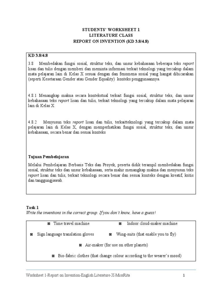 Students' Worksheet 1 - Report On Invention | PDF