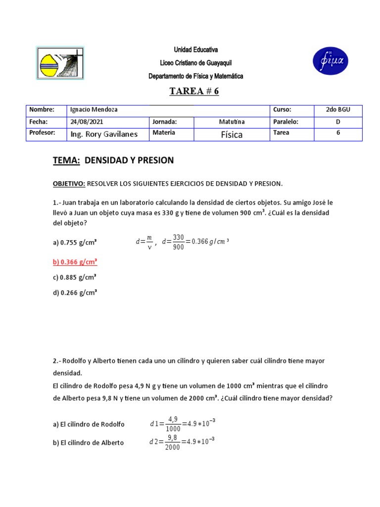 Tarea 6 Densidad y Presion Fisica 2do Bgu | PDF | Densidad | Ciencias fisicas