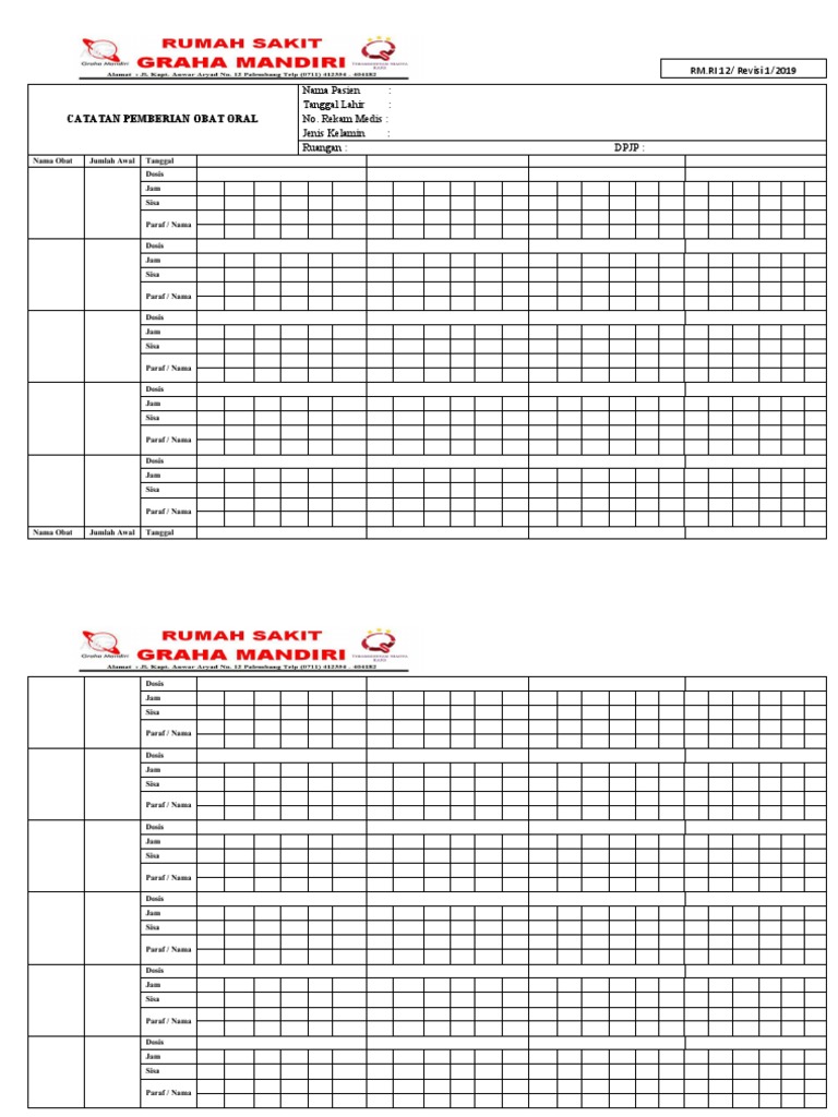 Rm. 12 Revisi 1 Hal 1-2 Form Catatan Pemberian Obat Oral | PDF