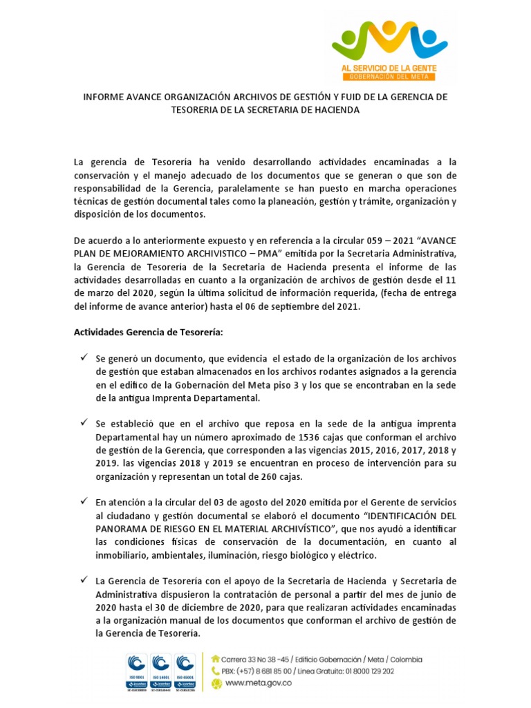 Informe Avance Organización de ARchivos de Gestión y FUID | PDF | Gestión de registros