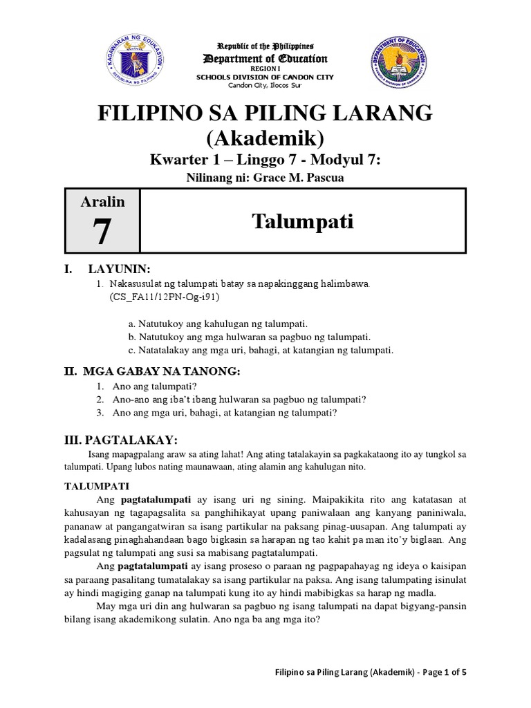 Filipino-sa-Piling-Larang-Akademik Q1 W7 M7 LDS Talumpati ALG RTP | PDF