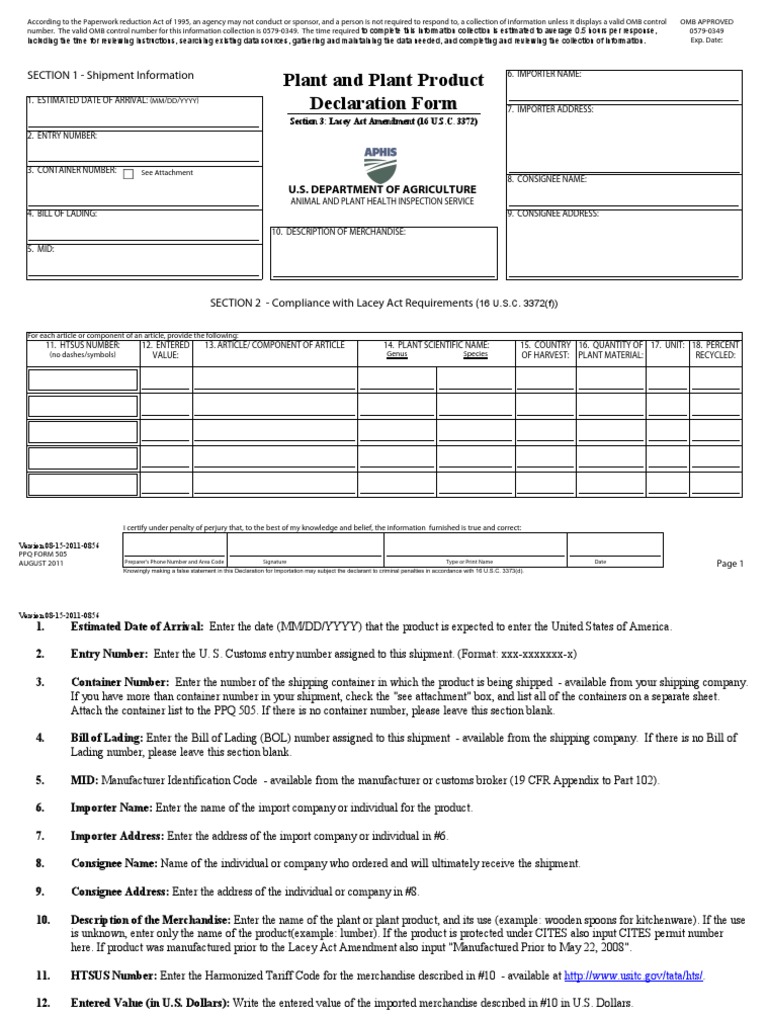 Plant and Plant Product Declaration Form: SECTION 1 - Shipment ...