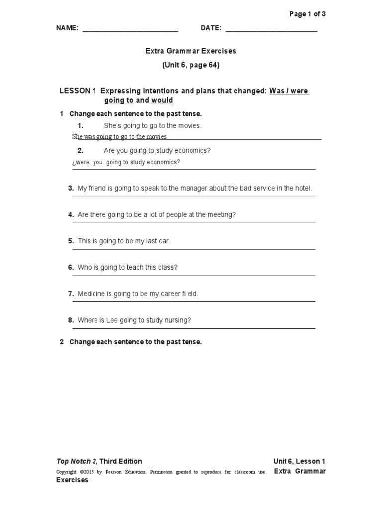 Extra Grammar Exercises (Unit 6, Page 64) : She's Going To Go To The Movies | PDF