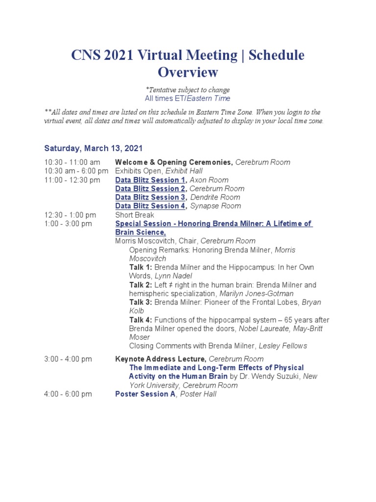 Schedule - CNS 2021 Virtual Meeting | PDF | Cerebral Cortex | Cerebellum