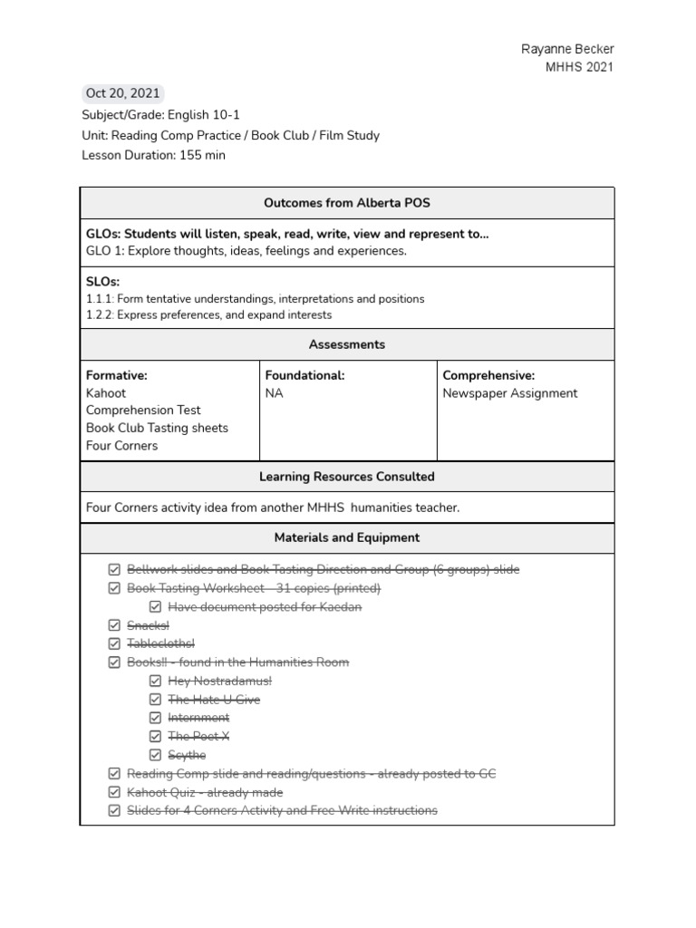 Book Club Lesson Plan | PDF | Communication