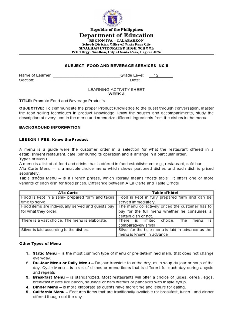 LAS Q2-WEEK 3 TVL-FBS NC II - Grade 12 | PDF | Menu | Salad