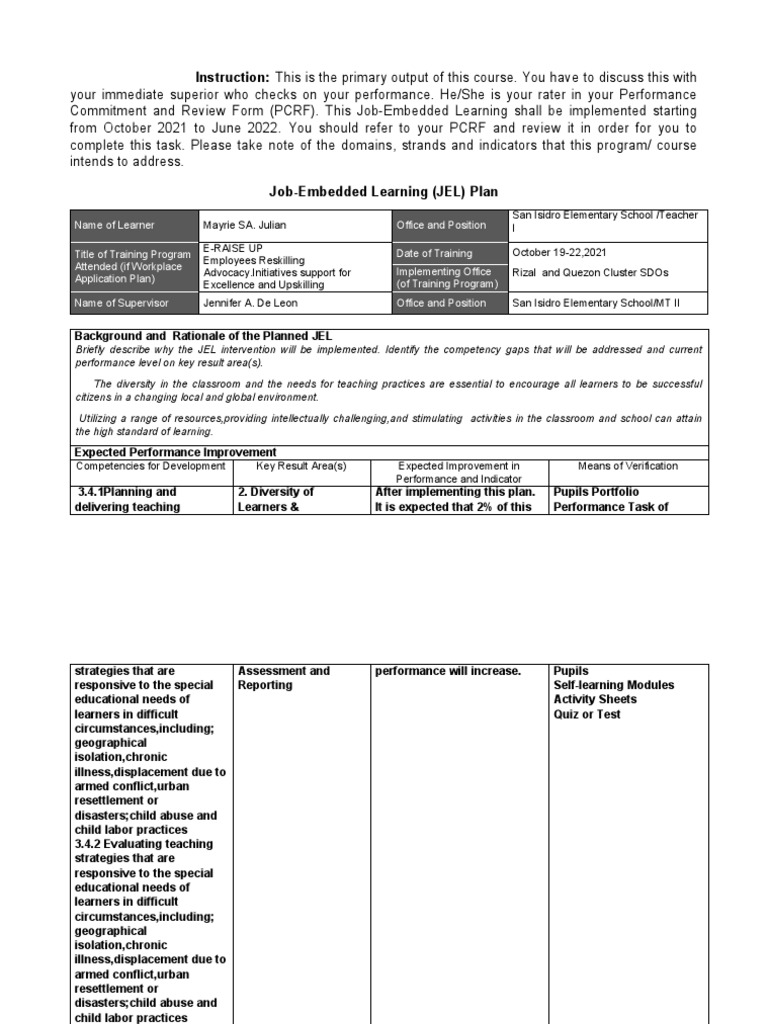 MAYRIE SA. JULIAN Job Embedded Learning Plan 1 | PDF | Learning ...