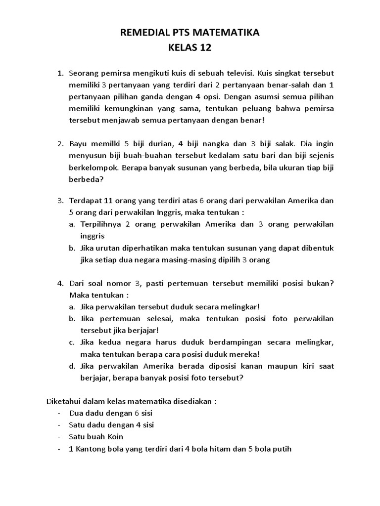 Remedial PTS MTK 12 8 Soal | PDF | Olahraga & Rekreasi