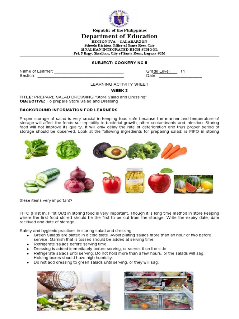 LAS Q2-WEEK 3-TVL-COOKERY NC II - Grade 11 | PDF | Vegetables | Salad