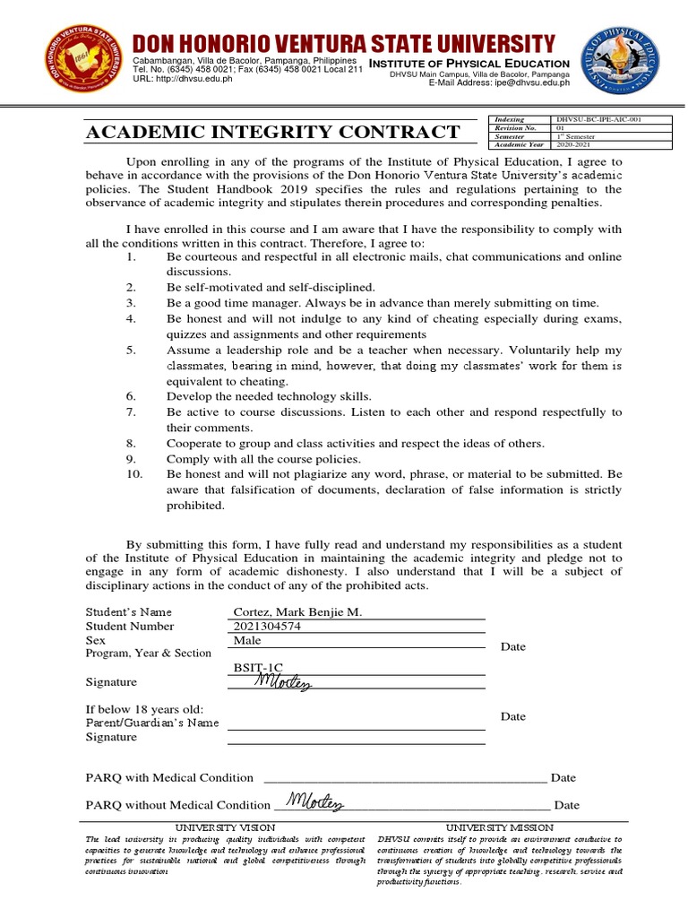 Academic Integrity Form 1 | PDF | Academic Integrity | Cognition