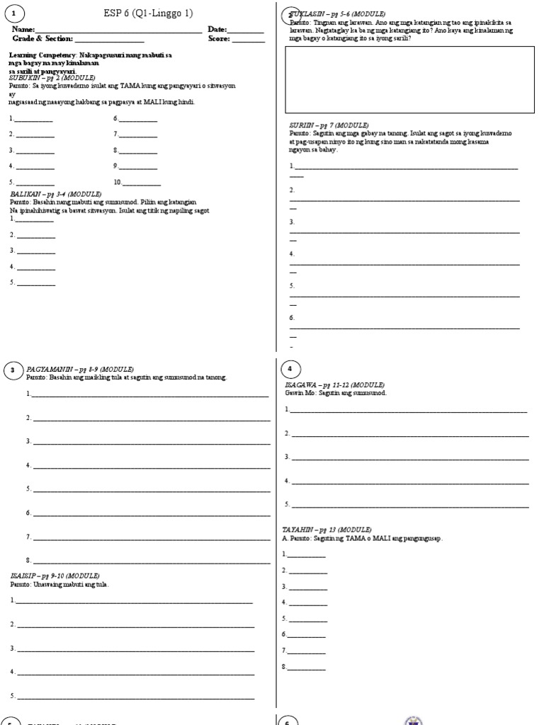 q1-w1-Esp-Answer Sheet With Las - Final | PDF