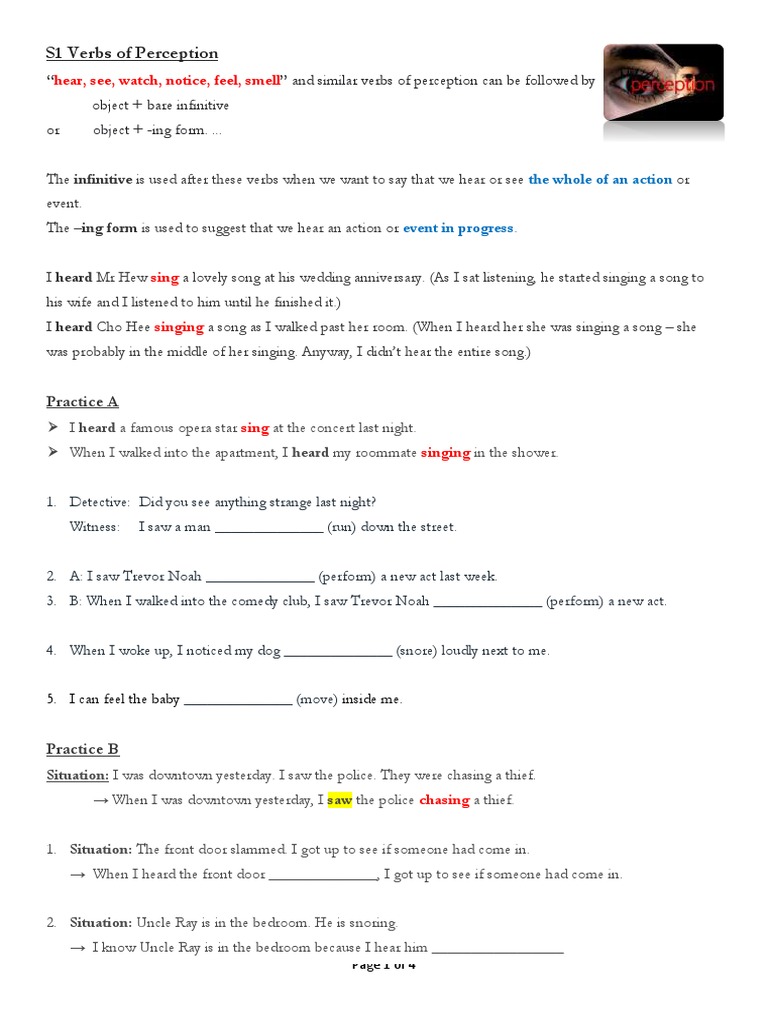 S1 Verbs of Perception: Object + Bare Infinitive or Object + - Ing Form ...