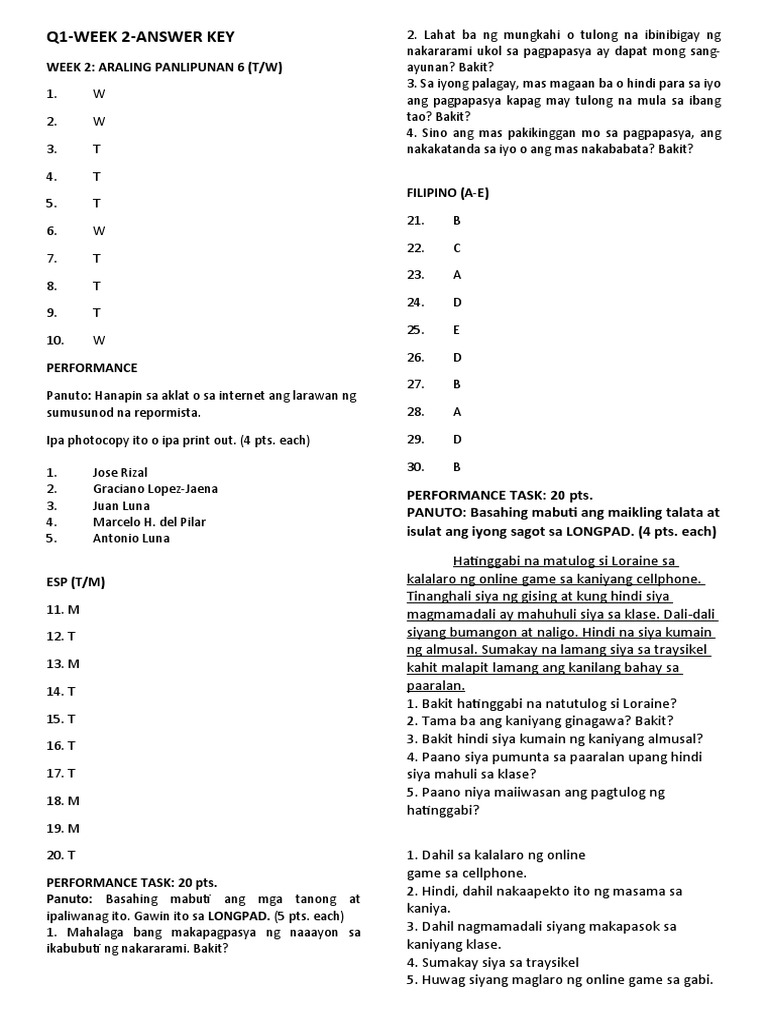 q1 Week 2 Answer Key | PDF