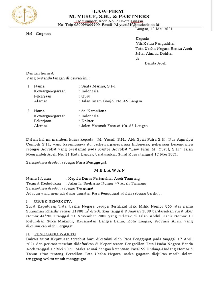 Tugas Surat Gugatan PTUN Baru Format Kedua | PDF