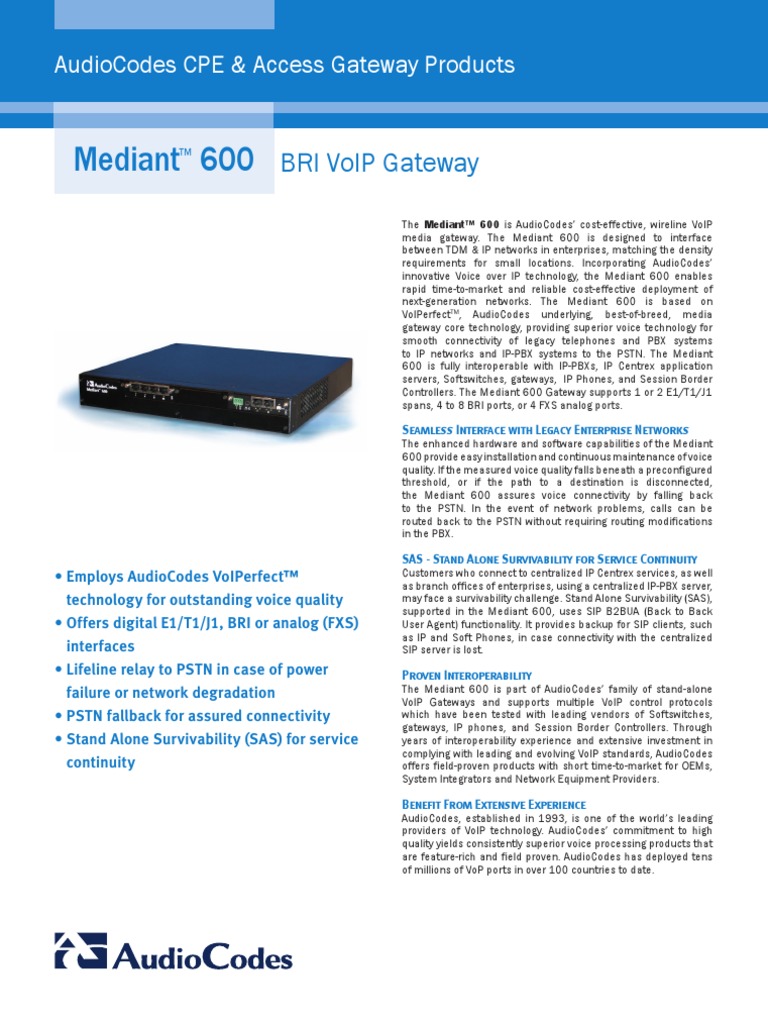 Datasheet Mediant-600 | PDF | Voice Over Ip | Session Initiation Protocol