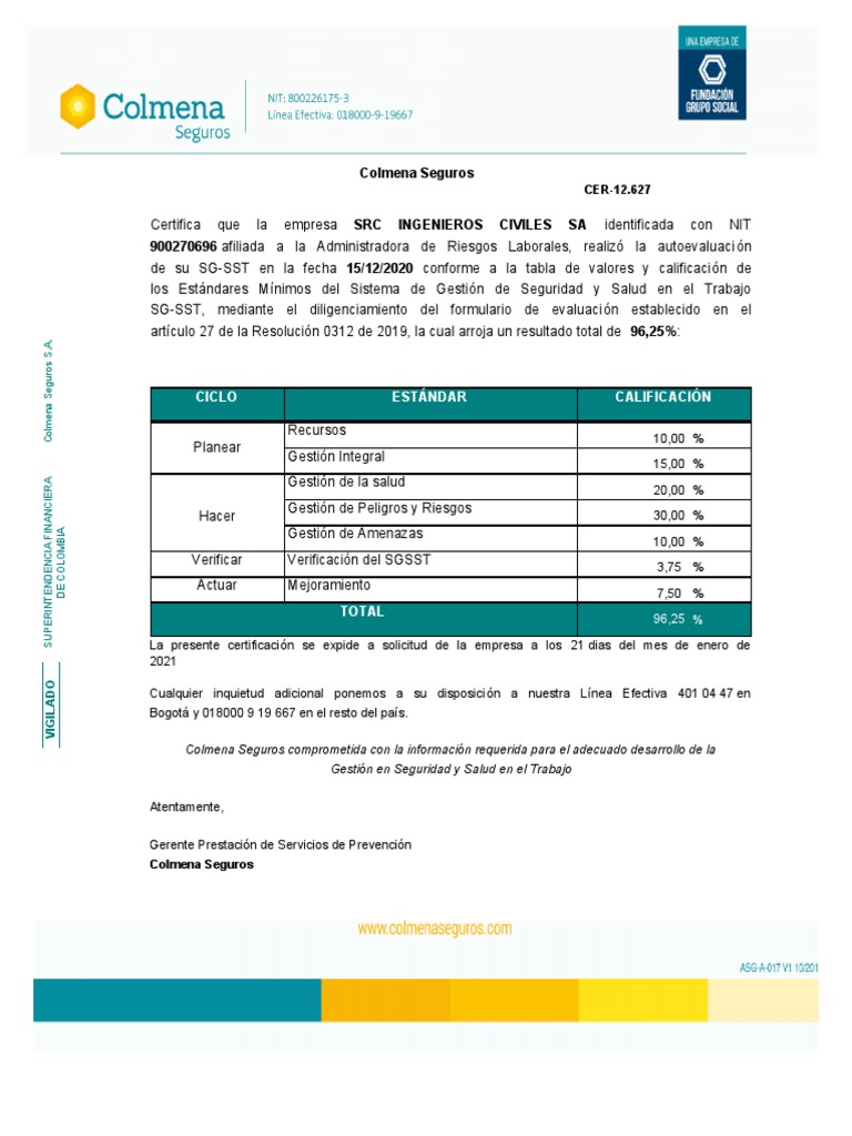 Certificacion Arl 2021 | PDF