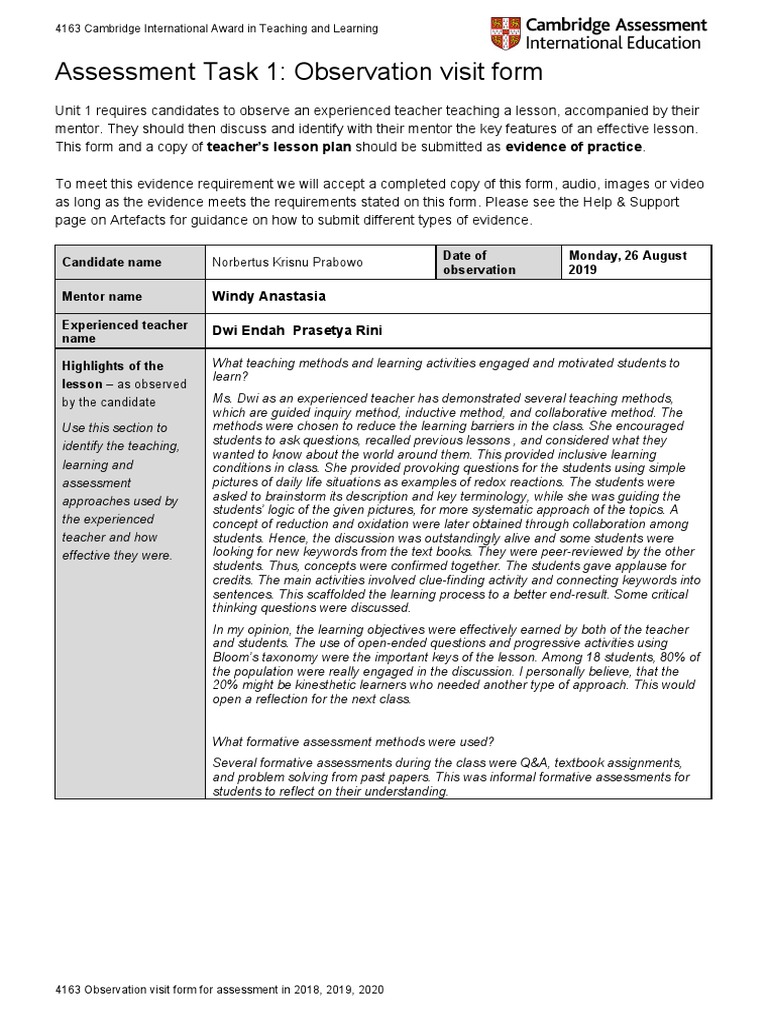Assessment Task 1 Observation Visit Form (1) Finish | PDF | Teaching ...