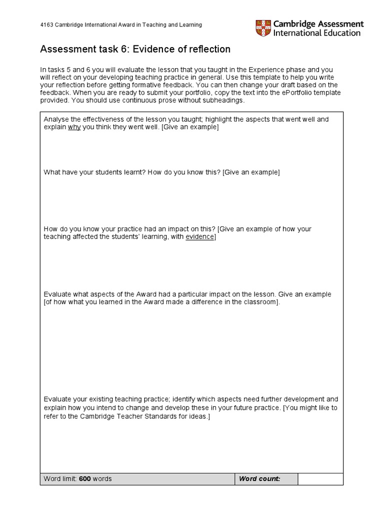 Assessment Task 6: Evidence of Reflection: 4163 Cambridge International ...