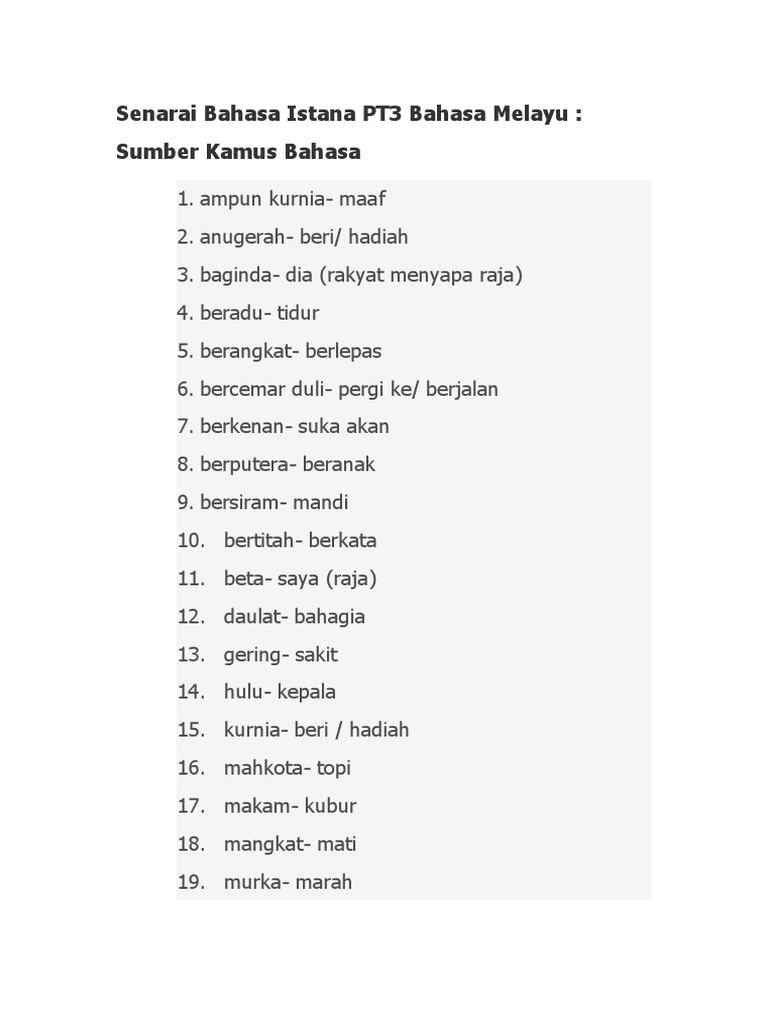 Senarai Bahasa Istana PT3 Bahasa Melayu | PDF