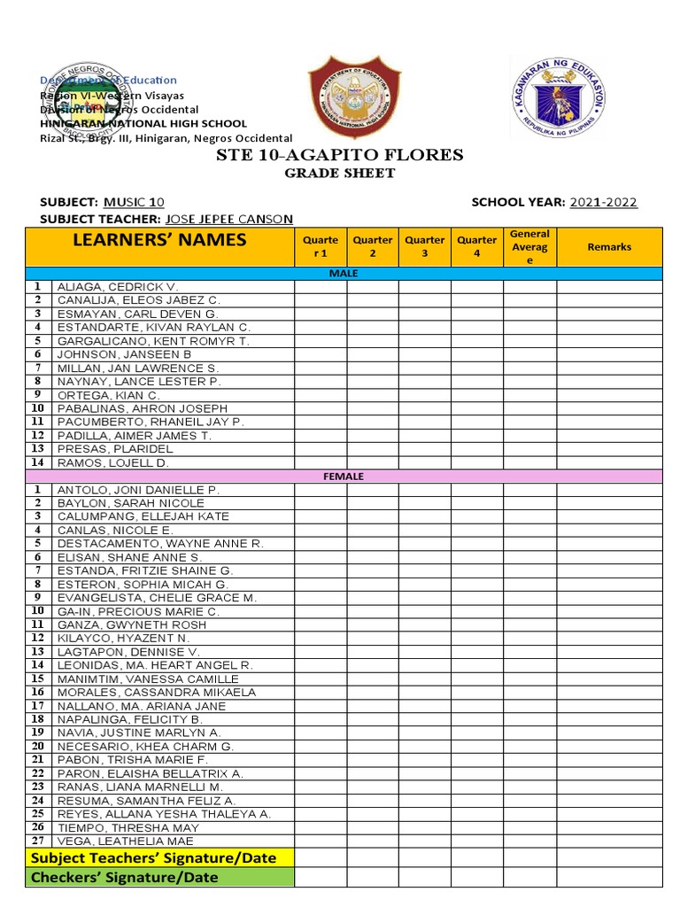 Music 10 Grade Sheet for 2021-2022 | PDF