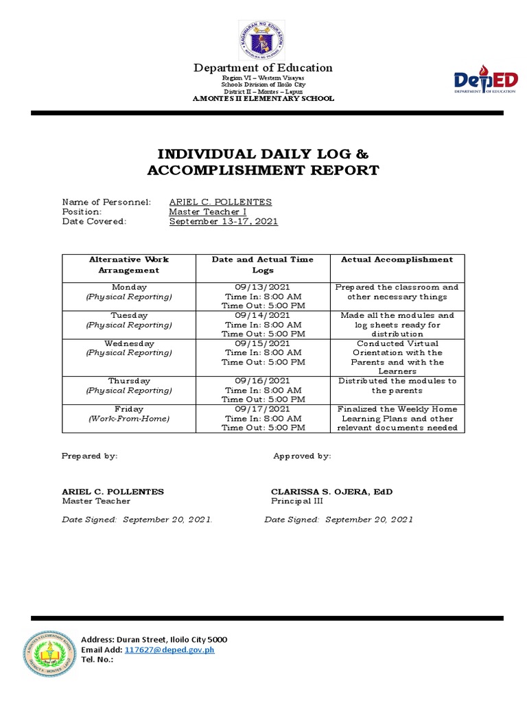 Individual Daily Log Accomplishment Report | PDF | Communication | Pedagogy