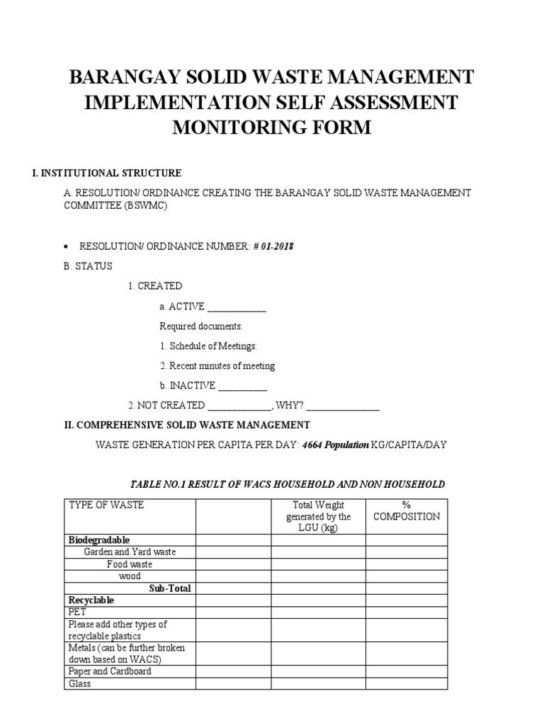 Barangay Solid Waste Management Implementation Self Assessment Monitoring Form | PDF | Waste ...