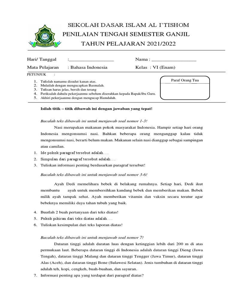 Soal PTS Ganjil Bahasa Indonesia | PDF