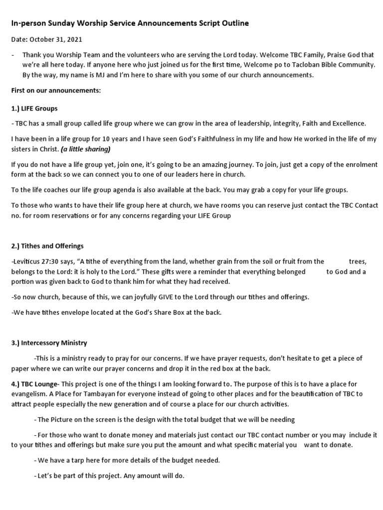 In-Person Sunday Worship Service Announcements Script Outline | PDF ...