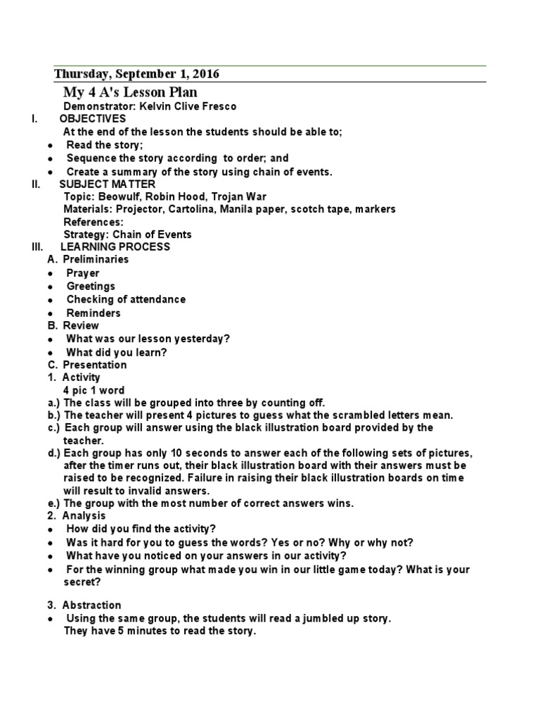 My 4 A's Lesson Plan: Thursday, September 1, 2016 | PDF | Lesson Plan ...