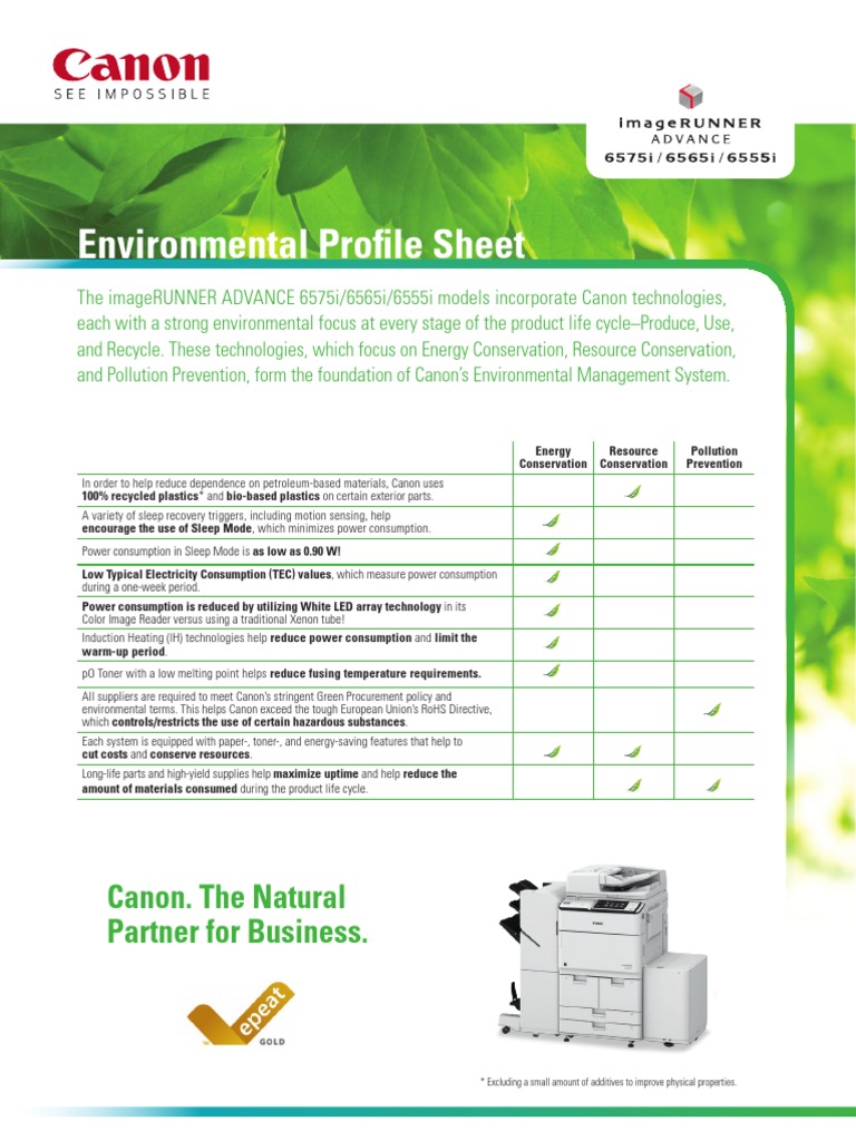 Environmental Profile Sheet: Canon. The Natural Partner For Business ...