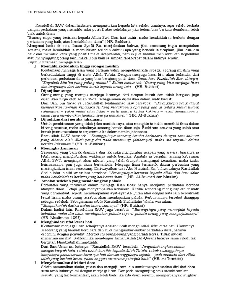 Keutamaan Menjaga Lisan dalam Islam | PDF