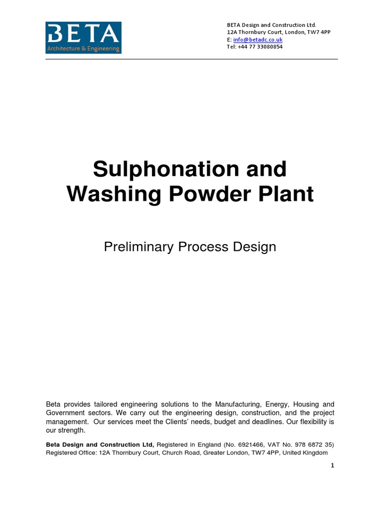 Sulphonation and Washing Powder Plant: Preliminary Process Design | PDF ...