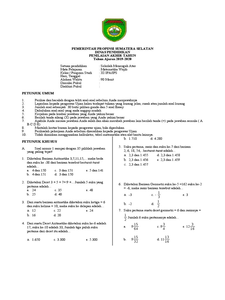 Soal Ukk Matematika Wajib Kelas Xi 19-20 | PDF